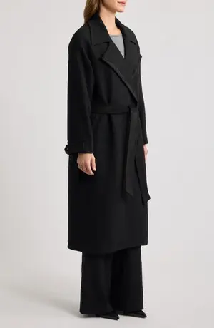 Via Spiga Belted Wool Blend Coat With Faux Suede Trim - Black