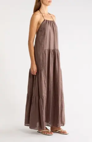 Elan Beaded Linen Halter Maxi Dress