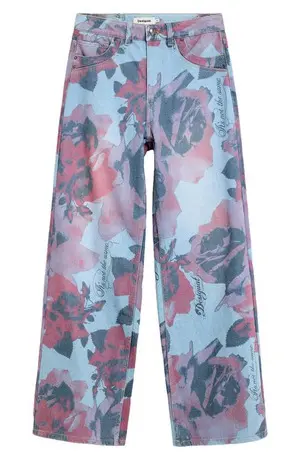 Desigual Floral High Waist Straight Leg Jeans - Light Blue
