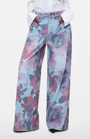 Desigual Floral High Waist Straight Leg Jeans - Light Blue