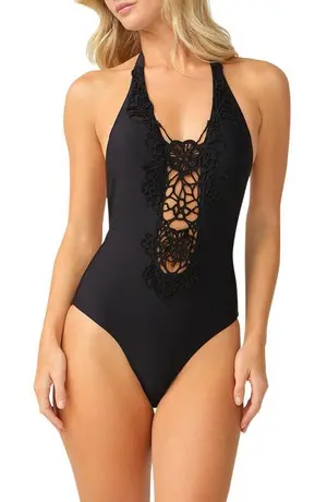 PQ SWIM Ila Plunge Neck Lace One-piece Swimsuit - Midnight
