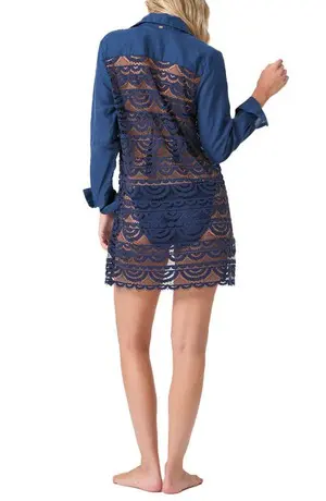 PQ SWIM Millie Lace Back Long Sleeve Cover-up Tunic Top - Navy