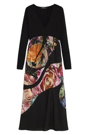 Desigual Floral V-neck Midi Dress - Black