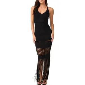 PQ SWIM Eva Fringe Halter Cover-up Maxi Dress - Midnight