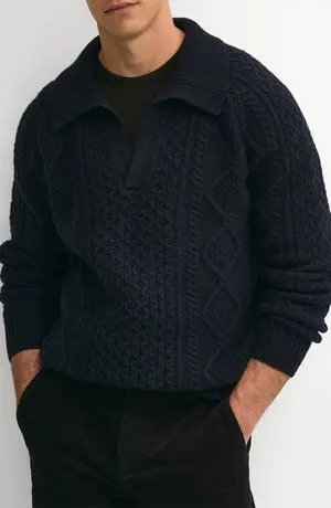 Brooks Brothers Fisherman Johnny Collar Cable Stitch Wool Sweater - Navy