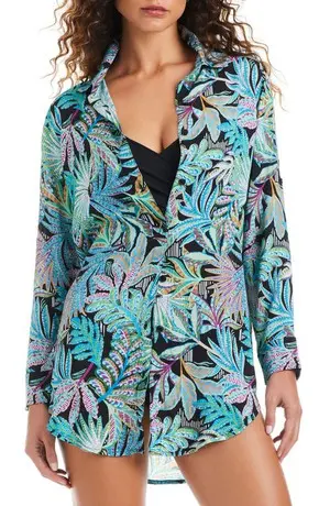 BEYOND CONTROL Print Button-up Cover-up Shirt - Black Multi