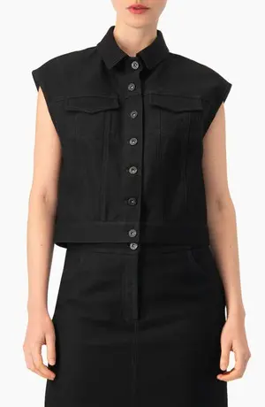 IVONNE Cropped Denim-style Utility Vest - Black