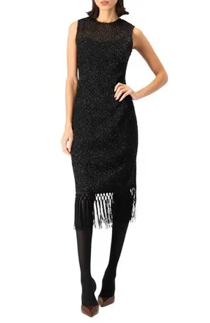 IVONNE Fringe Hem Metallic Knit Midi Dress With Illusion Yoke - Black