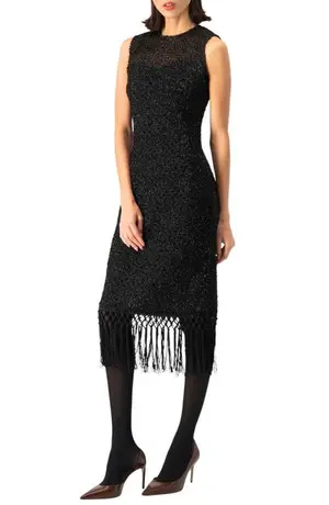 IVONNE Fringe Hem Metallic Knit Midi Dress With Illusion Yoke