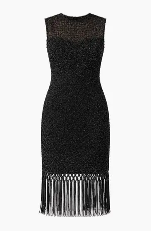IVONNE Fringe Hem Metallic Knit Midi Dress With Illusion Yoke