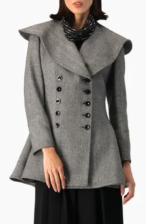 IVONNE Double-breasted Peplum Jacket With Oversized Shawl Collar - Gray
