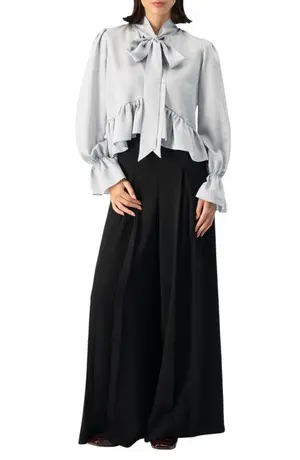 IVONNE Heathered Woven Bow Blouse With Ruffle Hem