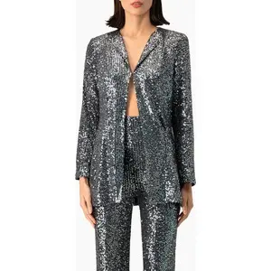IVONNE Single-clasp Sequin Evening Blazer - Silver