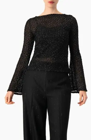 IVONNE Sparkle Knit Round Neck Top With Bell Sleeves - Black