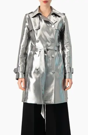 IVONNE Liquid Metallic Double-breasted Trench Coat - Silver