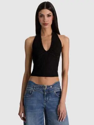 Alice + Olivia Pearl Pointelle Tie Back Halter Black
