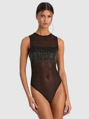 Alice + Olivia Pearl Pointelle Tie Back Halter Black/hematite
