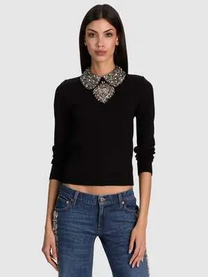 Alice + Olivia Pearl Pointelle Tie Back Halter Black/silver
