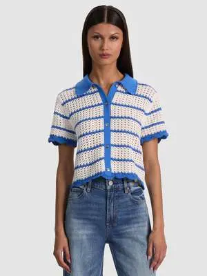 Alice + Olivia Pearl Pointelle Tie Back Halter Blue Iris/white