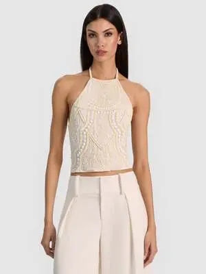 Alice + Olivia Pearl Pointelle Tie Back Halter Vanilla