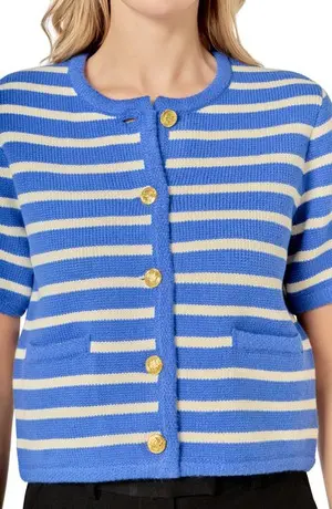 English Factory Stripe Short Sleeve Cardigan