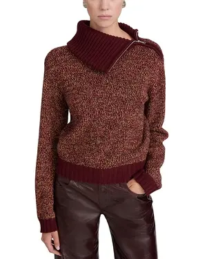 FRAME Marled Merino Wool Cowl Neck Zip Sweater - Deep Garnet