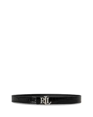 Ralph Lauren Logo Buckle Reversible Crocodile Embossed Leather Belt - Black/black