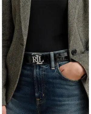 Ralph Lauren Logo Buckle Reversible Crocodile Embossed Leather Belt