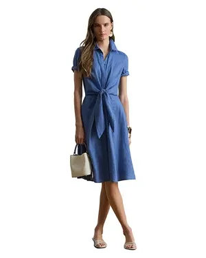 Ralph Lauren Petites Tie Front Linen Shirt Dress - Blue