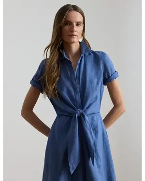 Ralph Lauren Tie Front Linen Shirt Dress - Blue