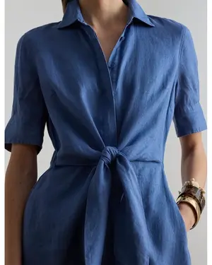 Ralph Lauren Tie Front Linen Shirt Dress - Blue