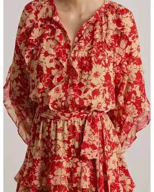 Ralph Lauren Print Ruffle Trim Georgette Tiered Dress