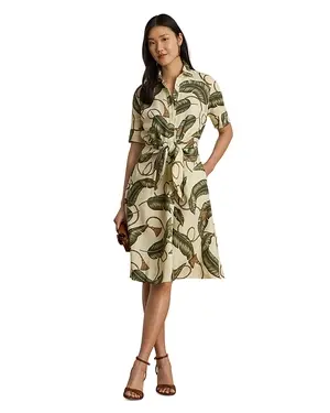 Ralph Lauren Rope Print Tie Front Linen Shirtdress - White Multi