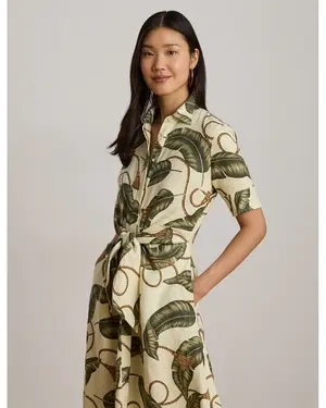 Ralph Lauren Rope Print Tie Front Linen Shirtdress