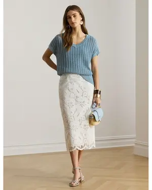 Ralph Lauren Paisley Eyelet Midi Pencil Skirt