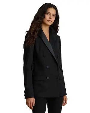 Ralph Lauren Satin Trim Double Breasted Wool Blazer - Black