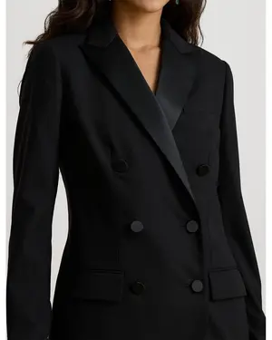 Ralph Lauren Satin Trim Double Breasted Wool Blazer