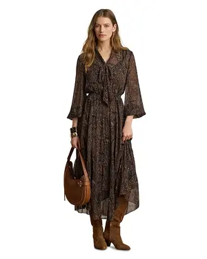 Ralph Lauren Paisley Georgette Tie Neck Tiered Dress - Black