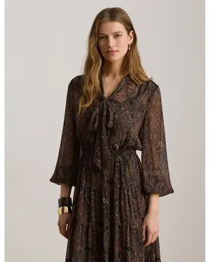 Ralph Lauren Paisley Georgette Tie Neck Tiered Dress