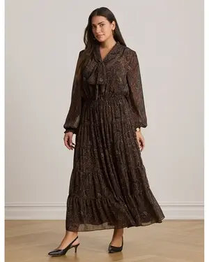 Ralph Lauren Paisley Georgette Tie Neck Tiered Dress