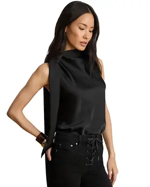 Ralph Lauren Sleeveless Tie Neck Charmeuse Blouse - Black