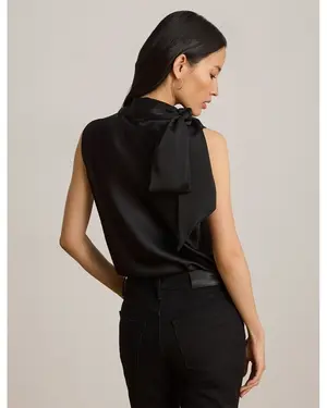 Ralph Lauren Sleeveless Tie Neck Charmeuse Blouse - Black