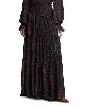 Ralph Lauren Paisley Print Georgette Tiered Maxi Skirt - Navy Multi
