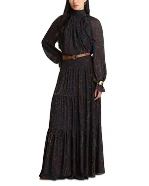 Ralph Lauren Paisley Print Georgette Tiered Maxi Skirt