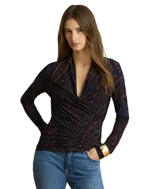 Ralph Lauren Paisley Stretch Crossover Neck Top - Navy Multi