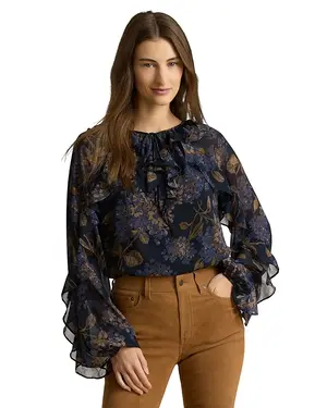 Ralph Lauren Georgette Ruffle Trim Blouse - Navy Multi