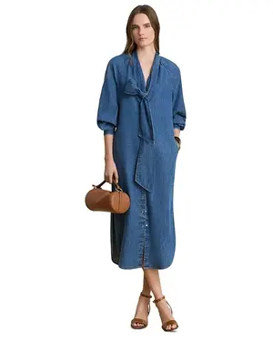 Ralph Lauren Cotton Denim Tie Neck Shirt Dress - Blue
