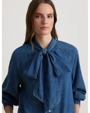 Ralph Lauren Cotton Denim Tie Neck Shirt Dress