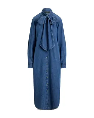 Ralph Lauren Cotton Denim Tie Neck Shirt Dress