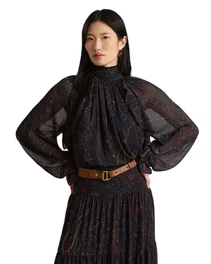 Ralph Lauren Petite Paisley Georgette Mock Neck Blouse - Navy Multi